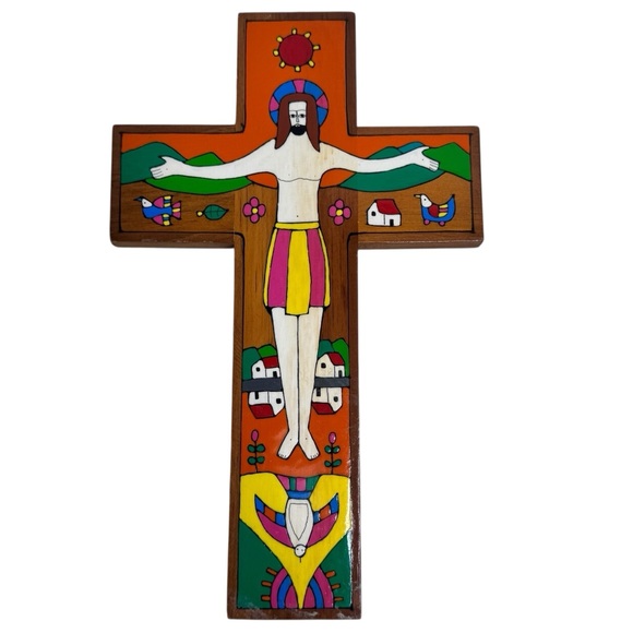 Wall Decor | Vintage Cross Hand Painted Folk Art Wooden Latin America ...